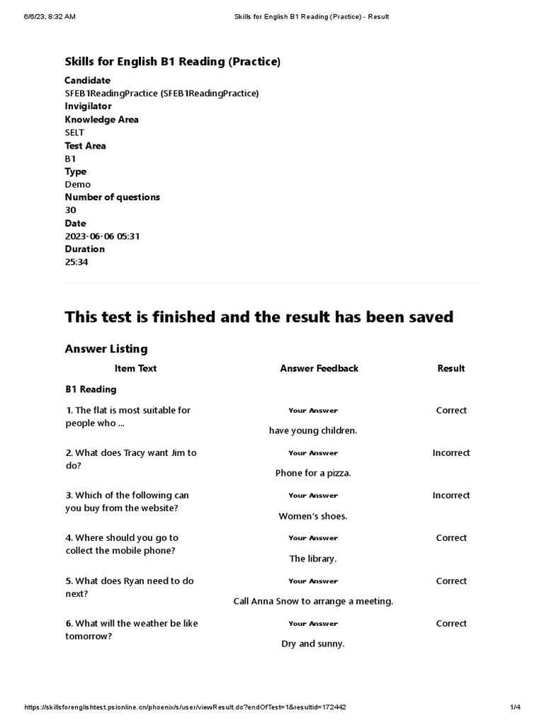 Skills for English B1 Reading (Practice) - Result | PDF