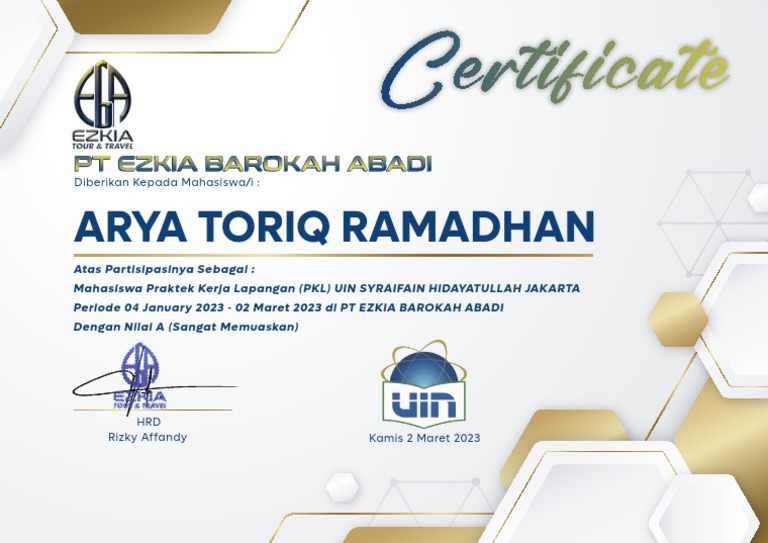 Certificate Magang Arya | PDF