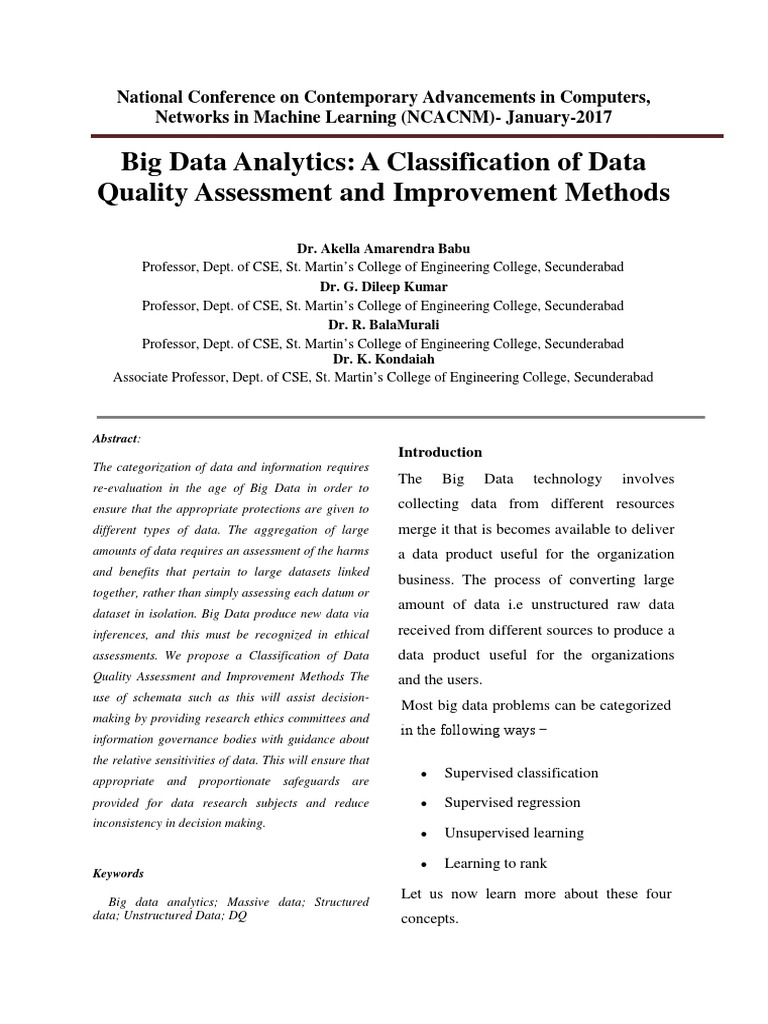 184.big Data Analytics A Classification of Data Quality Assessment and ...