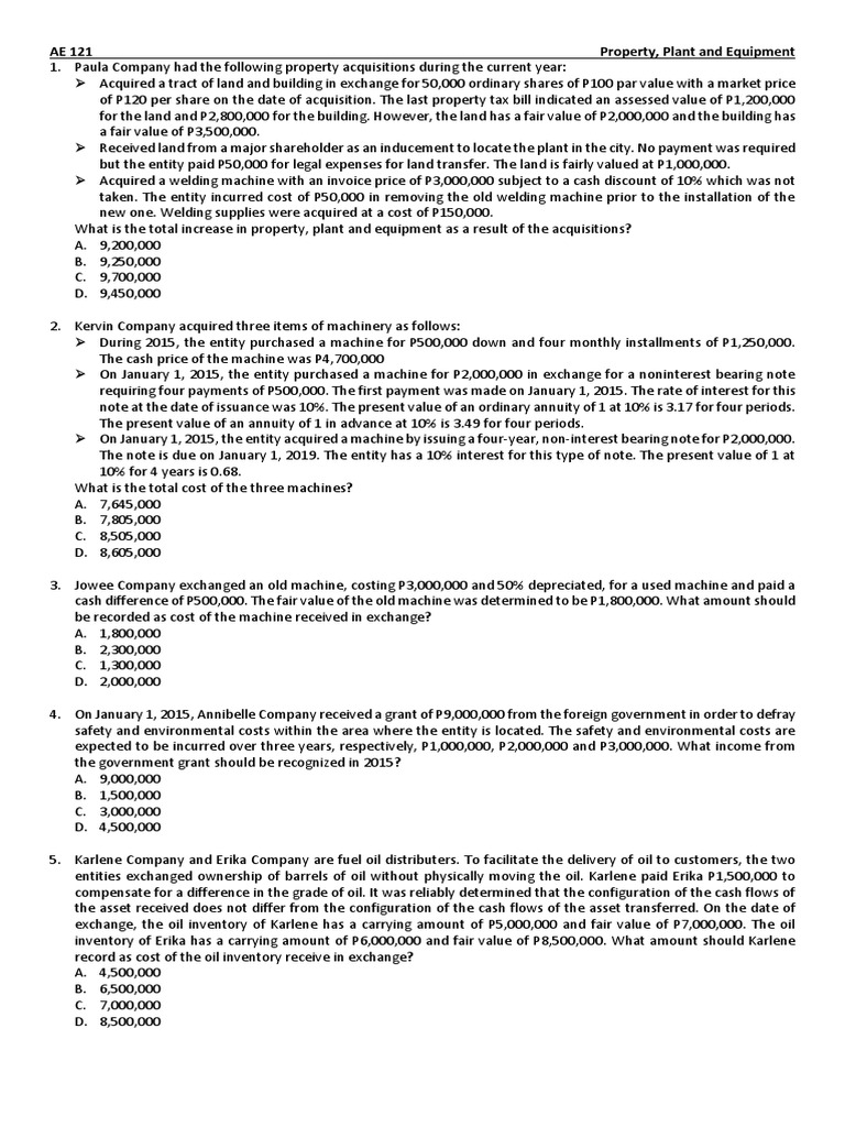 AE 121 PPE Exercises | PDF | Depreciation | Cost