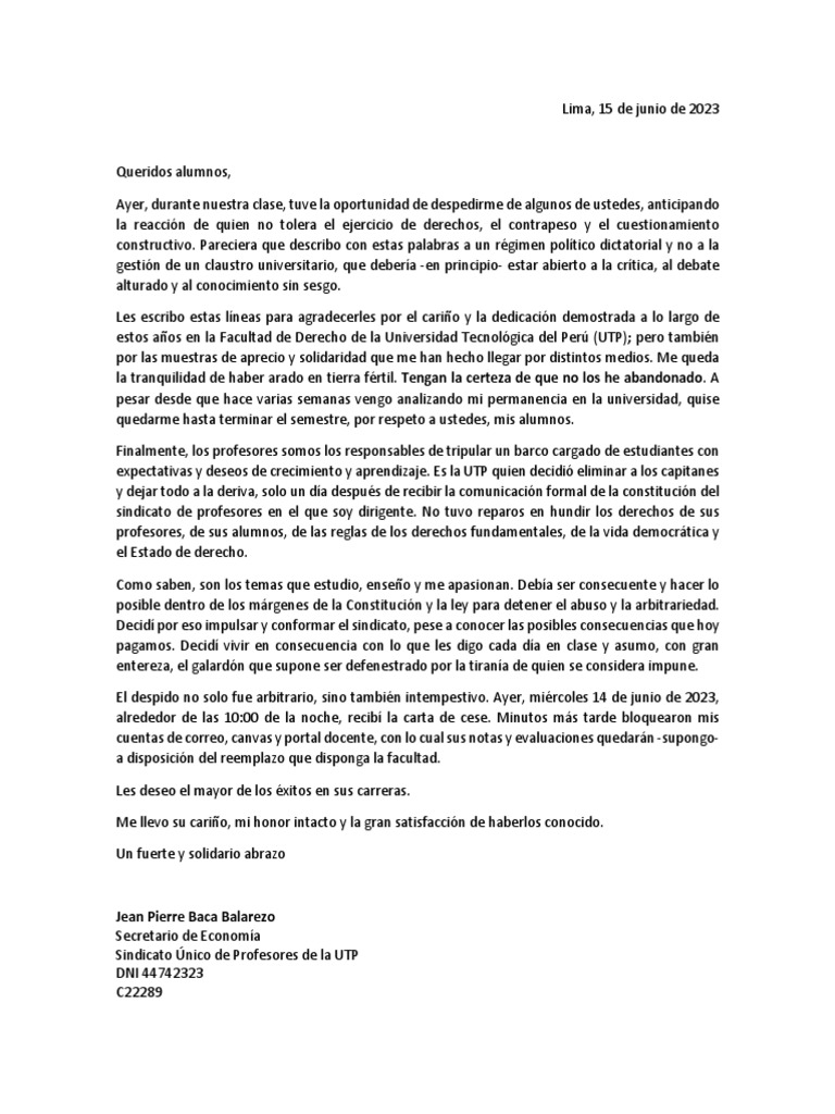 Carta de Despedida A Estudiantes | PDF