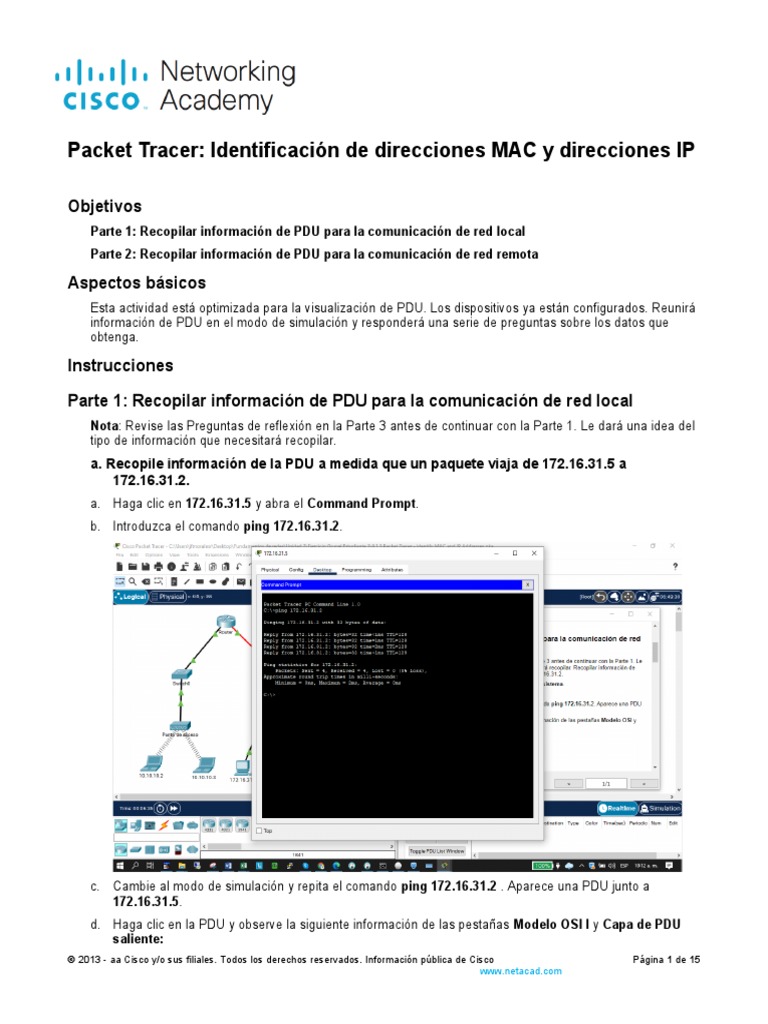 Identificación de MAC e IP en Packet Tracer 9.1.3 | PDF | Protocolos de ...