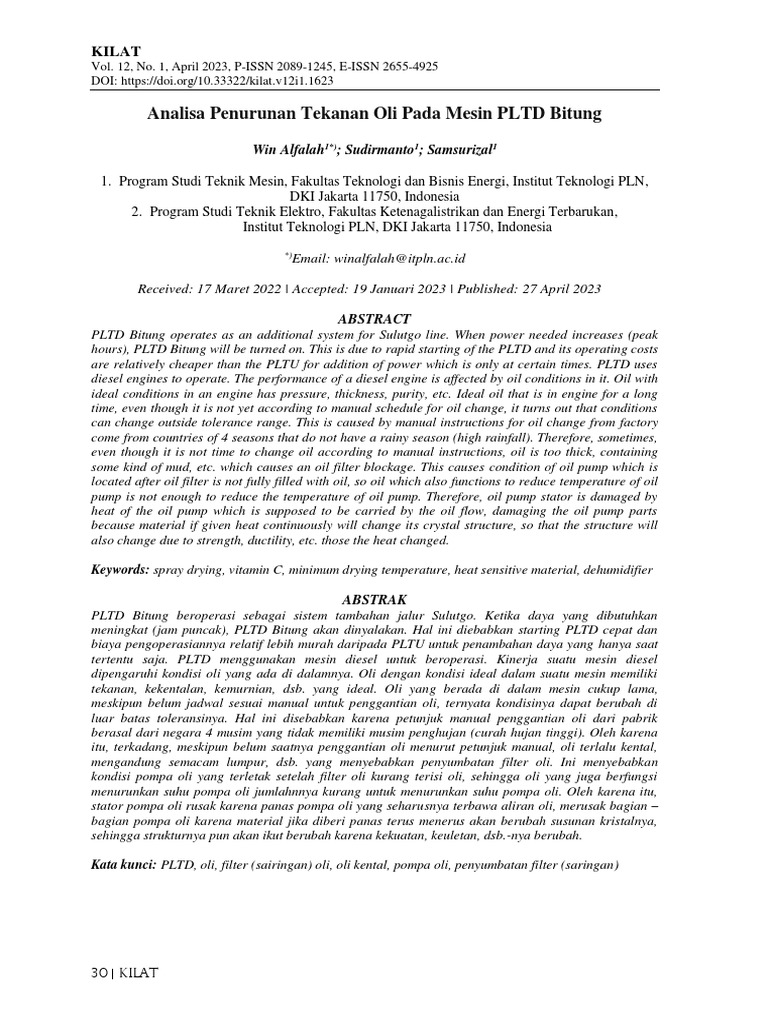 30 - 37 Analisa Penurunan Tekanan Oli Pada Mesin PLTD Bitung | PDF | Applied And ...