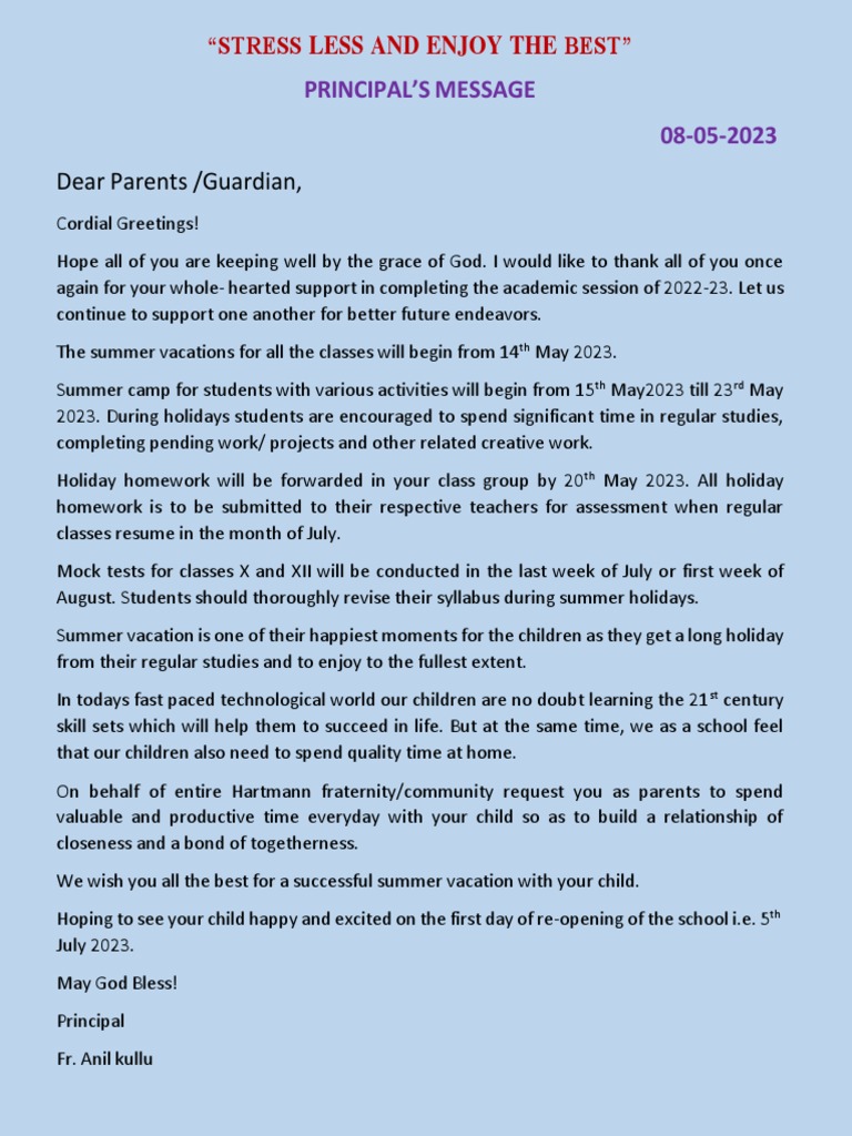 Principal's Message Stress Less and Enjoy The Best | PDF