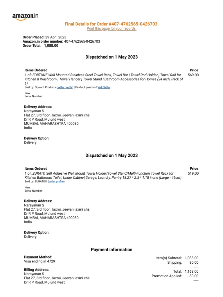 Amazon Order Summary for Towel Racks | PDF