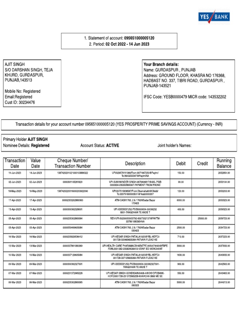 YES Bank Account Statement Summary | PDF | Debit Card | Cheque
