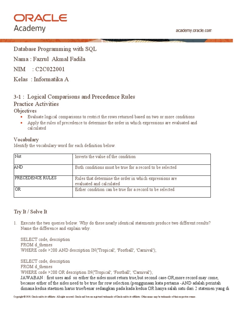 DP 3 1 Practice Fazrulakmalfadila c2c022001 | PDF | Oracle Corporation ...