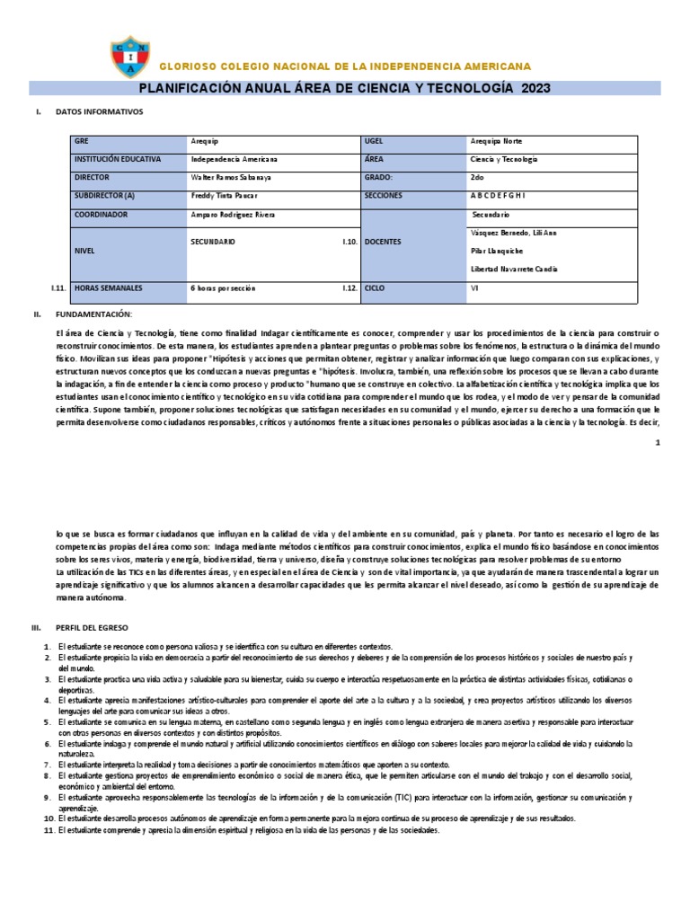 PLANIFICACIÓN ANUAL-CYT - 2023 2° Secundaria | PDF | Aprendizaje | Investigación cuantitativa