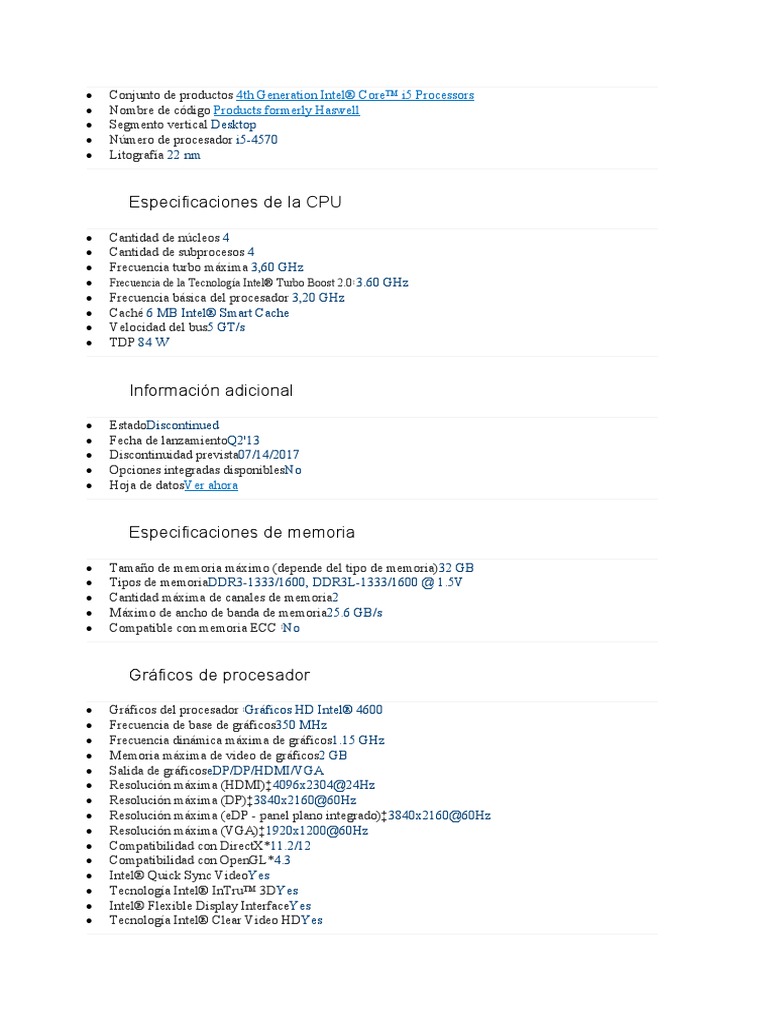 Especificaciones de La CPU: 4th Generation Intel® Core™ I5 Processors Products Formerly Haswell ...