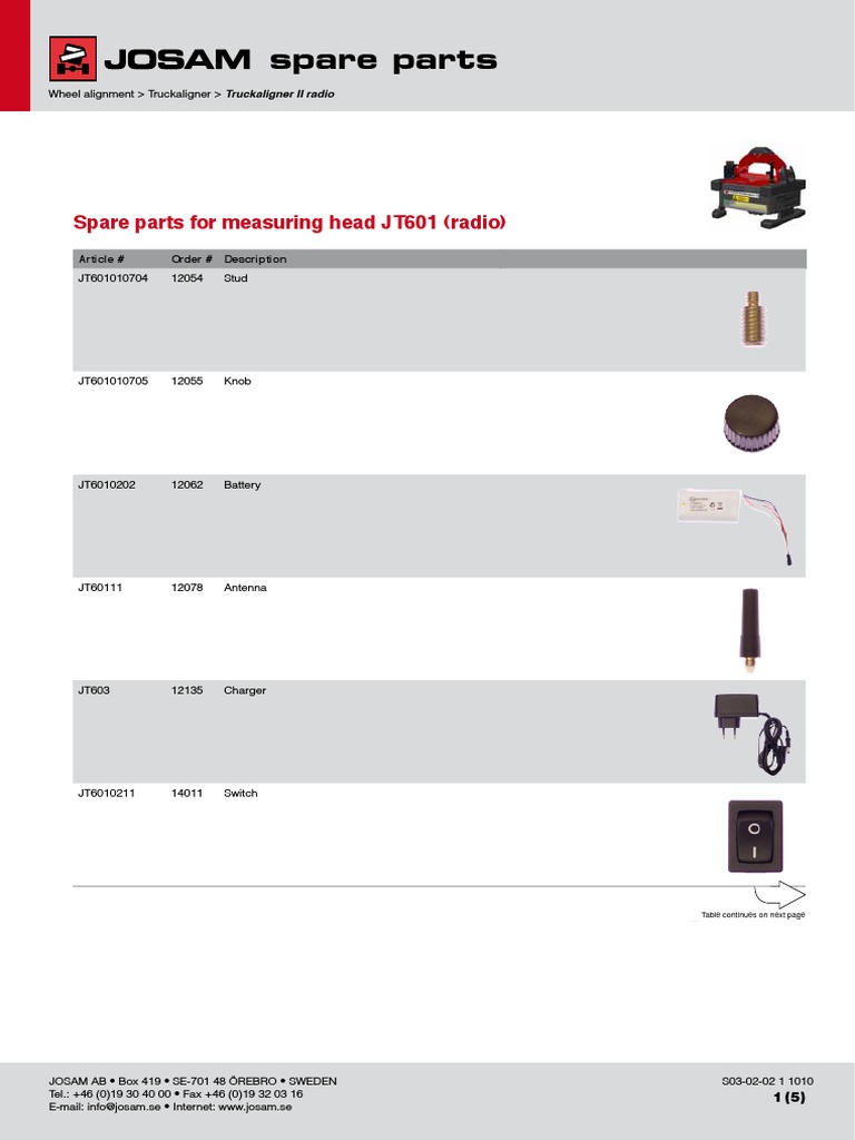 JOSAM Truckaligner Spare Parts List | PDF | Capacitor | Inductor