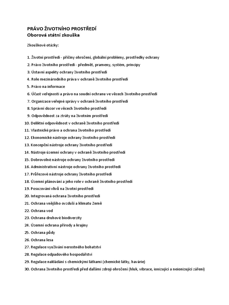 PRÁVO ŽIVOTNÍHO PROSTŘEDÍ Oborová Státnice | PDF