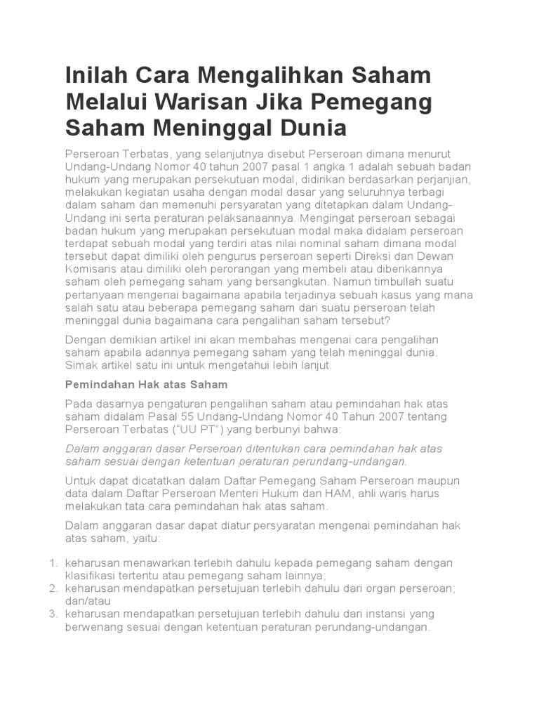 Inilah Cara Mengalihkan Saham Melalui Warisan Jika Pemegang Saham ... Inilah Cara Mengalihkan Saham Melalui Warisan Jika Pemegang Saham ...