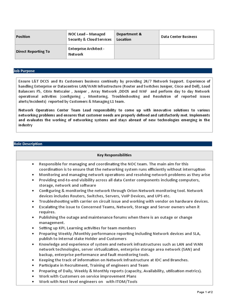 JD NOC-DatacenterCloud Lead JD | PDF | Computer Network | Service Level ...