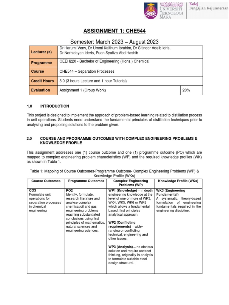 Assignment 1 CHE544 20232 | PDF | Distillation | Chemistry