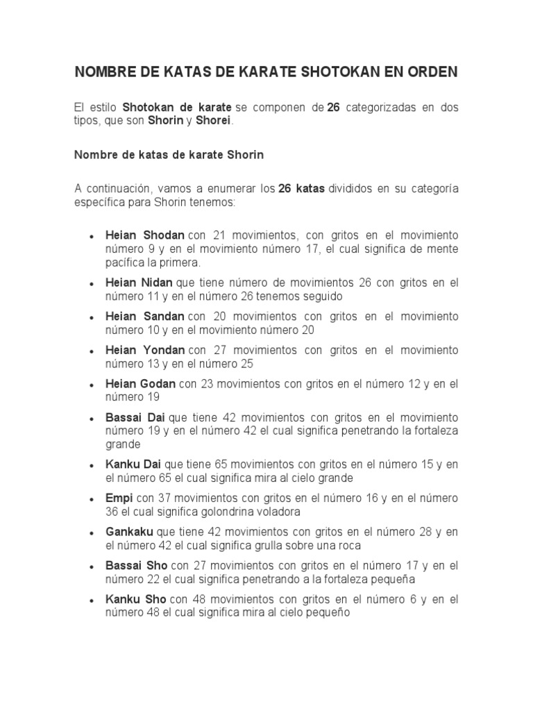 Nombre de Katas de Karate Shotokan en Orden | PDF | Kárate | Deportes ...