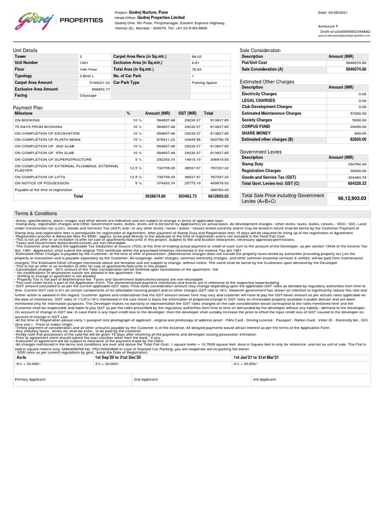 2 BHK L (824 Sq. FT) City Facing Cost Sheet - Godrej Nurture | PDF ...