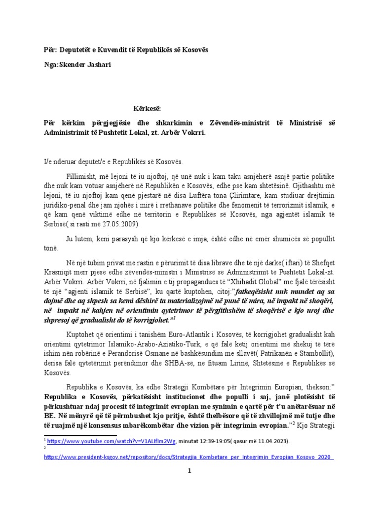 Kerkese Drejtuar Deputeteve Te Kuvendit Te Republikes Se Kosoves | PDF
