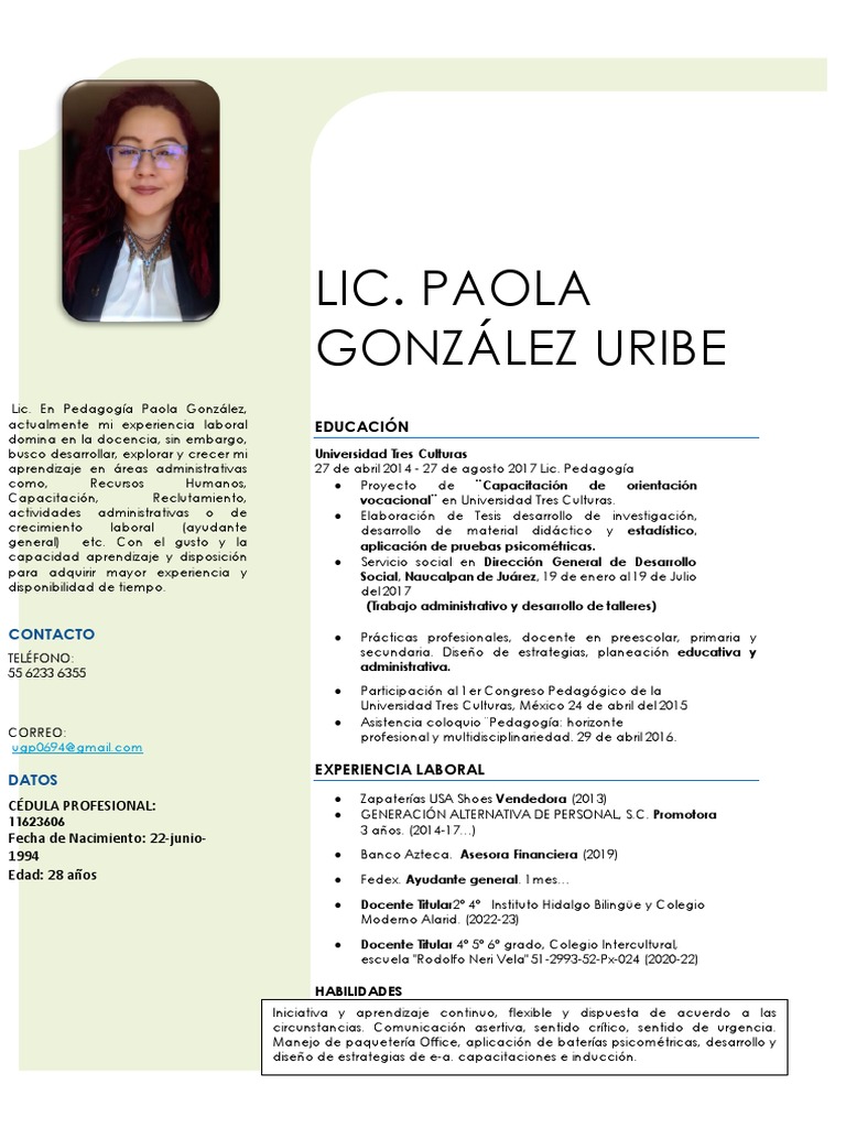 Lic.Paola González CV-1 | PDF | Educación de la primera infancia | Aprendizaje