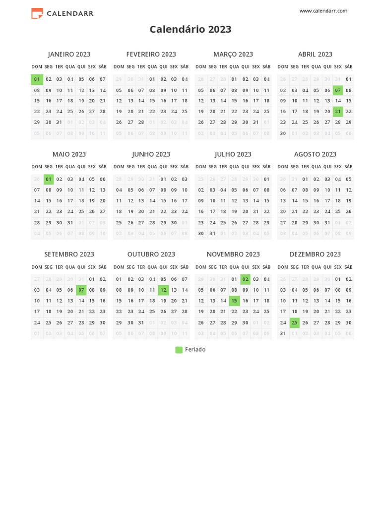 Calendário Completo 2023 para Imprimir | PDF