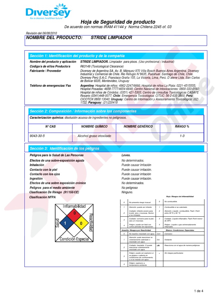 Stride Limpiador de Piso - Hoja Msds | PDF | Agua | Química