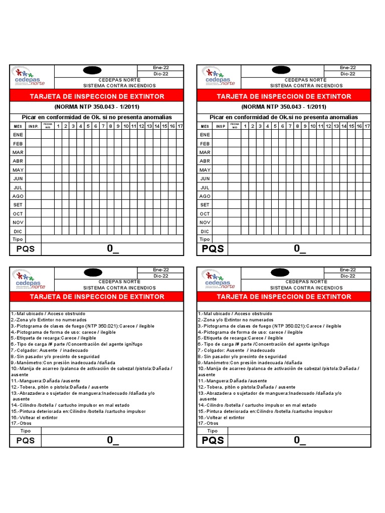 TARJETA DE INSPECCION DE EXTINTOR | PDF