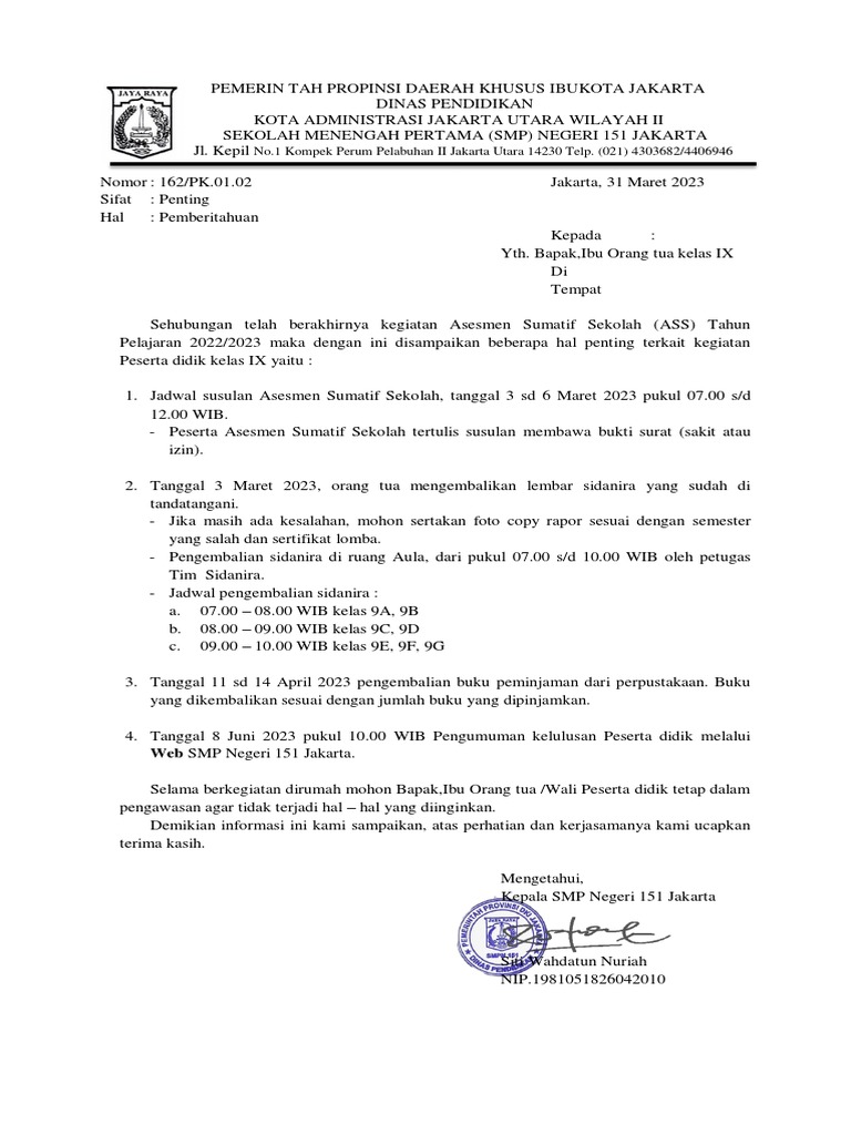 Surat Pemberitahuan Siswa | PDF