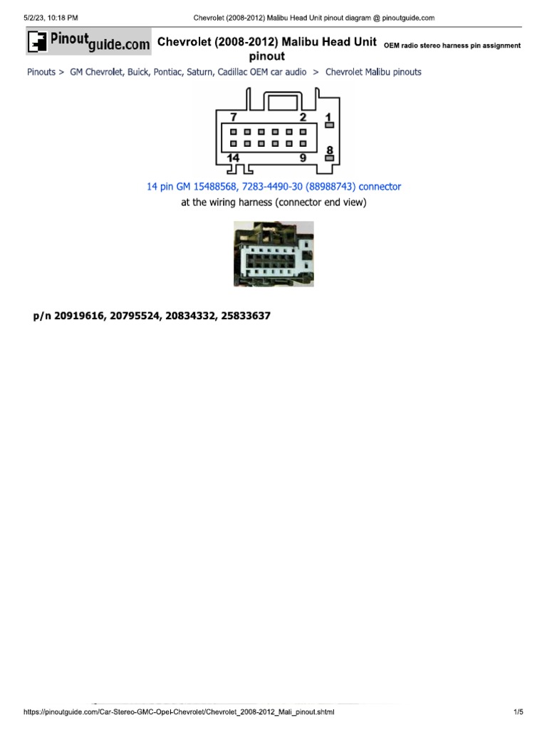 Chevrolet (2008-2012) Malibu Head Unit pinout diagram @ pinoutguide.com ...