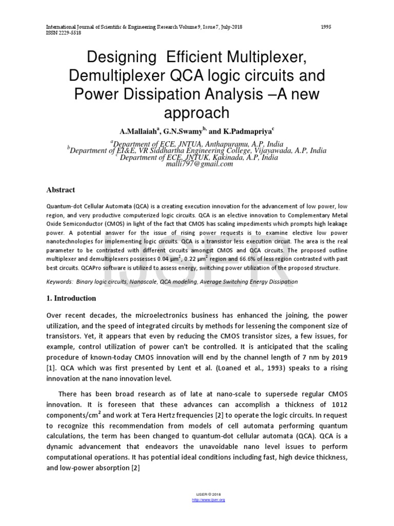 Designing Efficient Multiplexer Demultiplexer QCA Logic Circuits and Power Dissipation Analysis ...