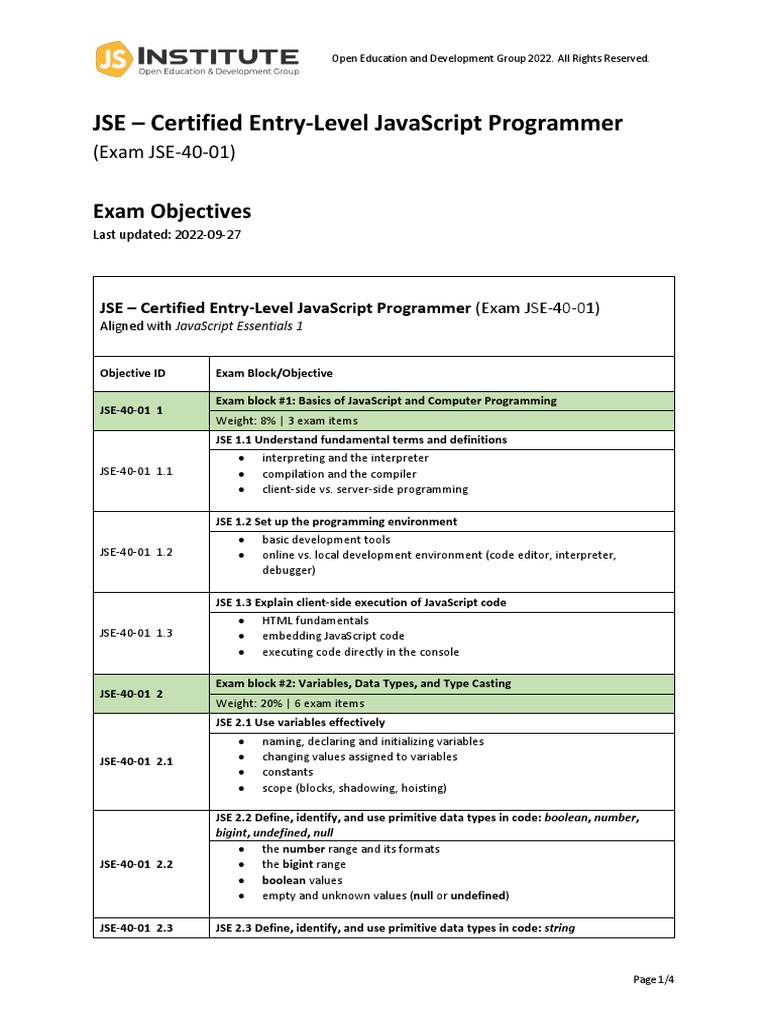 JSE Certification 1 Syllabus | PDF | Control Flow | Java Script