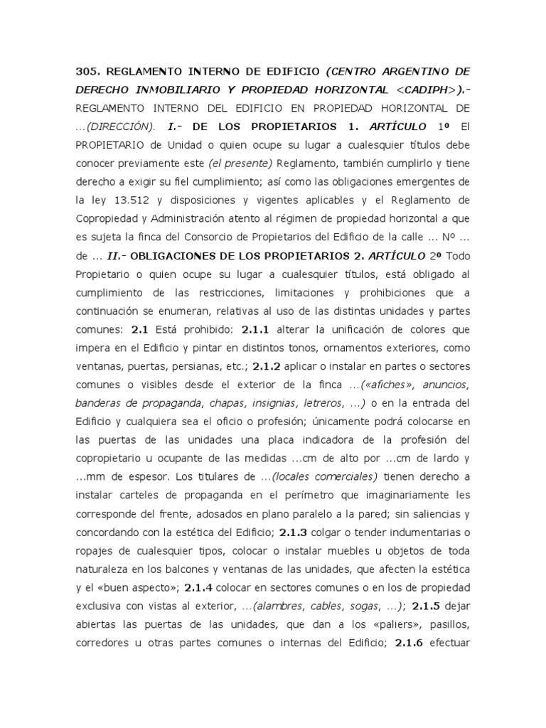 Reglamento Interno de Edificio (Centro Argentino de Derecho Inmobiliario y Propiedad Horizontal ...