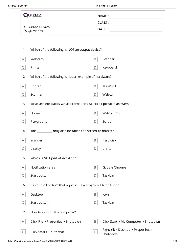 ICT Grade 4 Exam | PDF | Input/Output | Office Equipment
