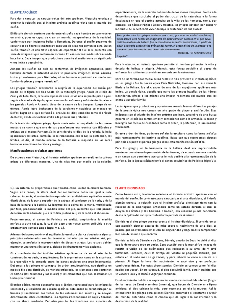 Arte Dionisiaco y Apolineo | PDF | Friedrich Nietzsche | Apolo