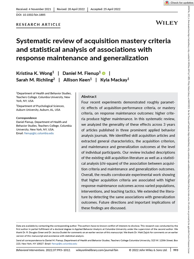 Behavioral Interventions - 2022 - Wong - Systematic Review of Acquisition Mastery Criteria and ...