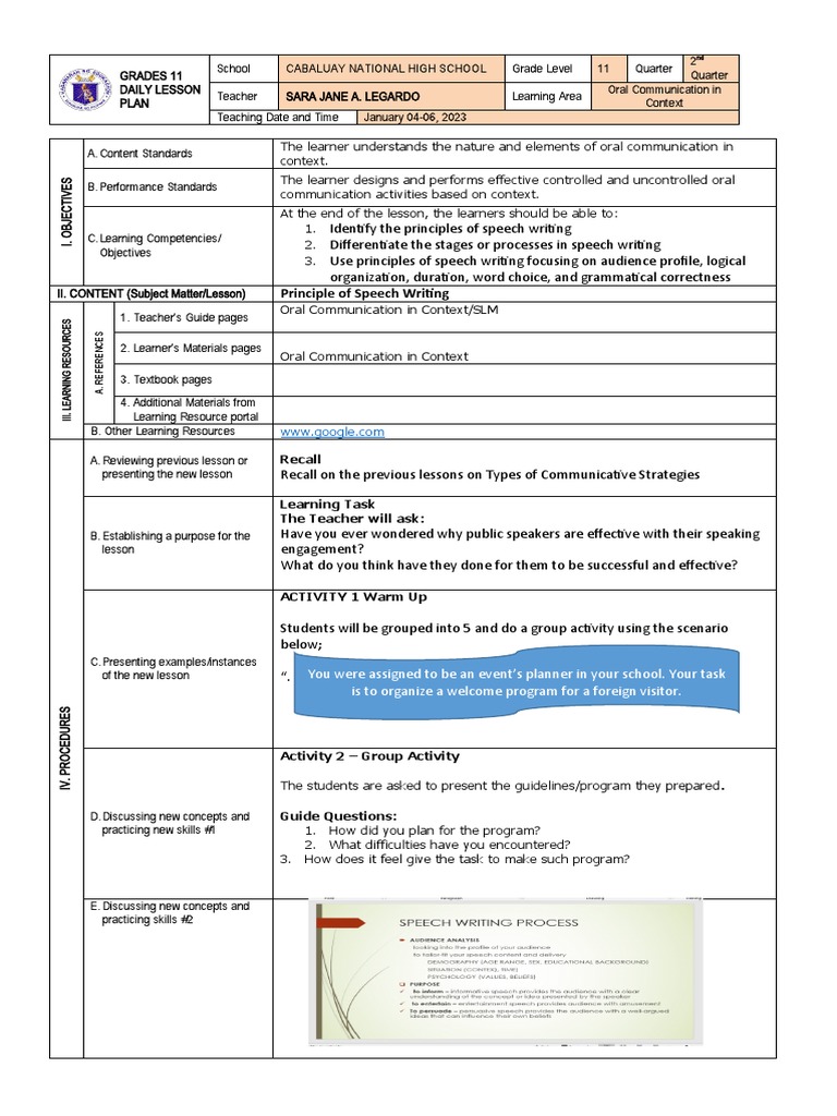 DLL On Oral Communication WEEK 11 | PDF | Learning | Teachers
