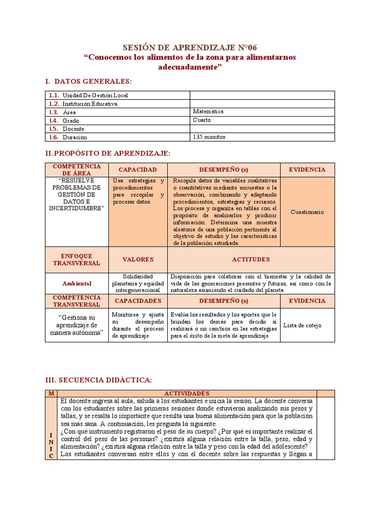 Sesión de Aprendizaje N°6 - 4to Grado | PDF | Cuestionario | Metodología de encuesta