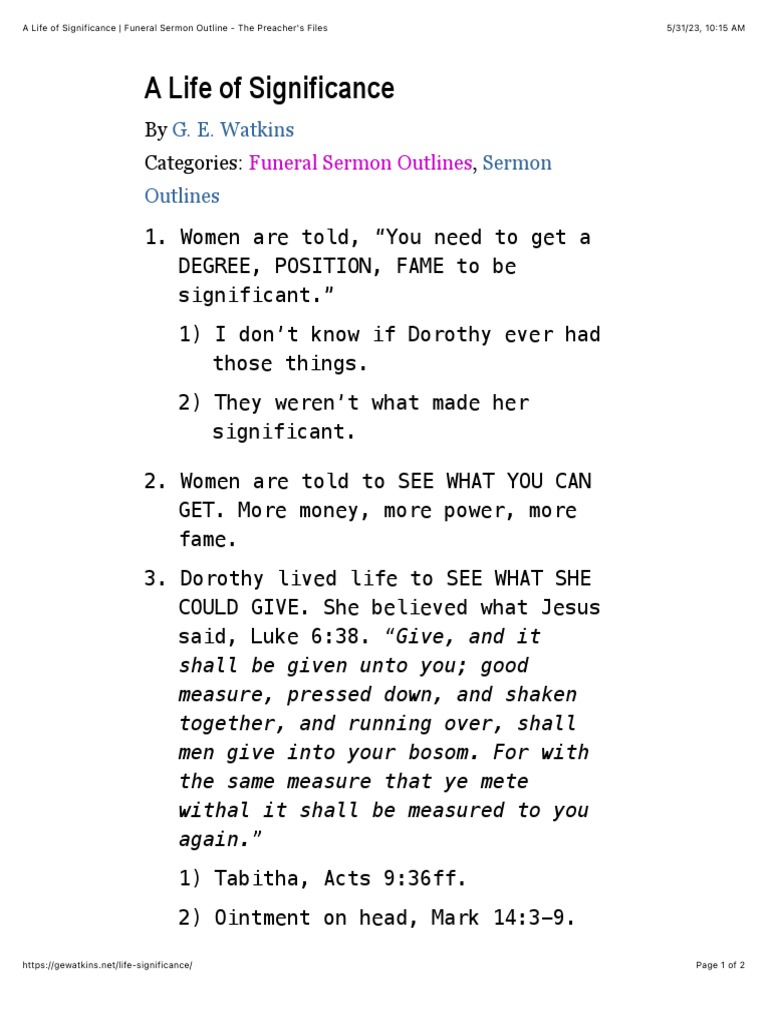 A Life of Significance - Funeral Sermon Outline - The Preacher's Files ...