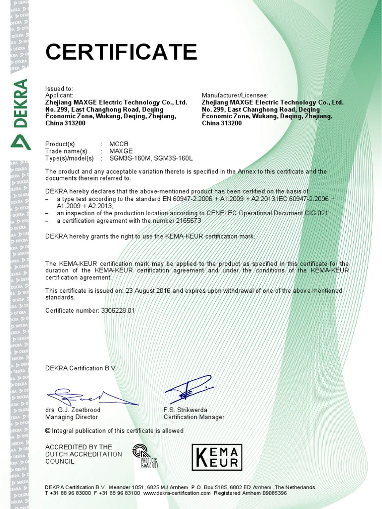 MCCB Certification for MAXGE | PDF | Alternating Current | Insulator ...