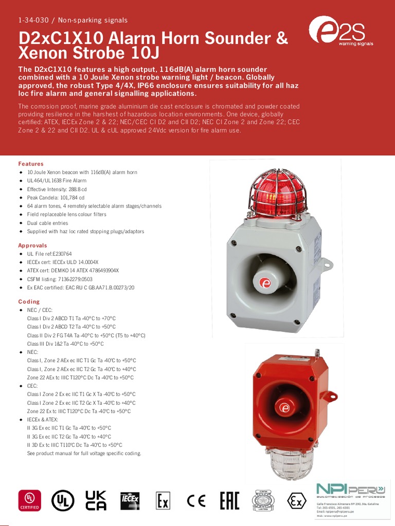 E2S - D2xC1X10 Alarm Horn & Xenon Strobe (Datasheet) | PDF