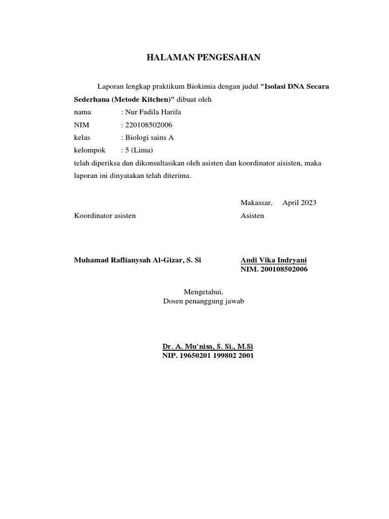 Laporan Lengkap Praktikum Biokimia Isolasi DNA | PDF Laporan Lengkap Praktikum Biokimia Isolasi DNA | PDF