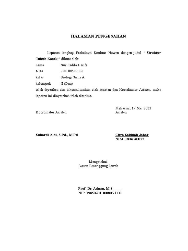 Laporan Lengkap Praktikum Struktur Hewan Struktur Tubuh Katak | PDF Laporan Lengkap Praktikum Struktur Hewan Struktur Tubuh Katak | PDF