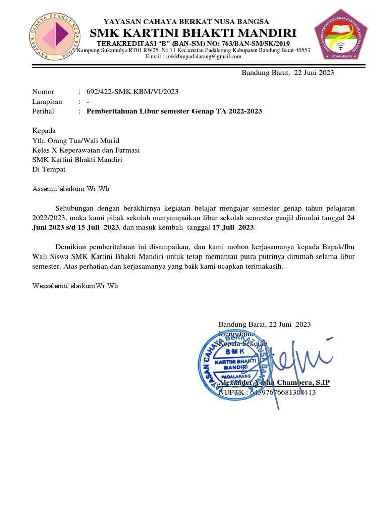 Surat Edaran Libur Semester Genap Ta 2022-2023 | PDF