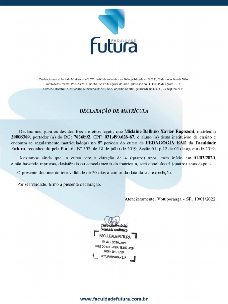 Declaração de Cursando - Graduação COM FUNDO - Futura | PDF