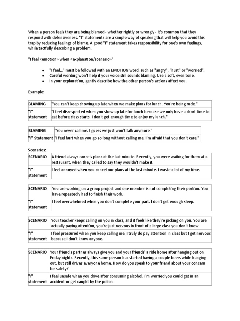 Worksheet - Making I Statements | PDF
