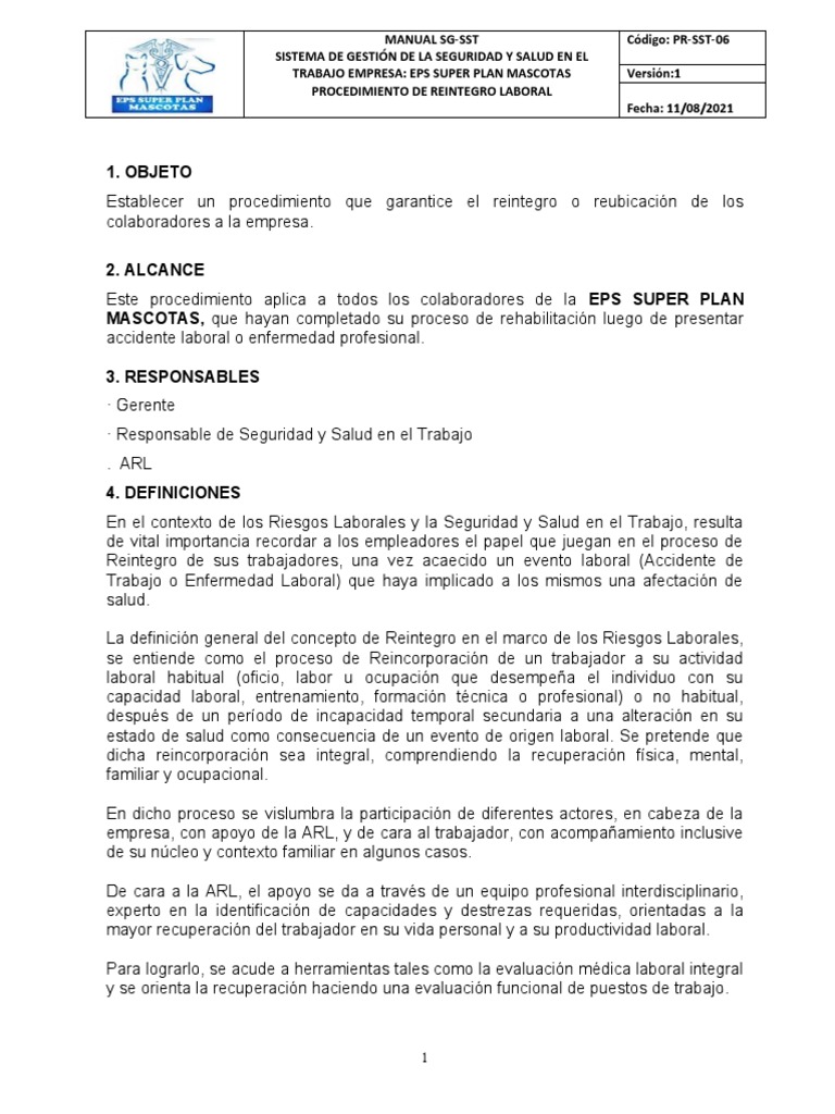 Anexo 11.1 Procedimiento Reintegro Laboral Revisar 2023 | PDF | Seguridad y salud ocupacional ...
