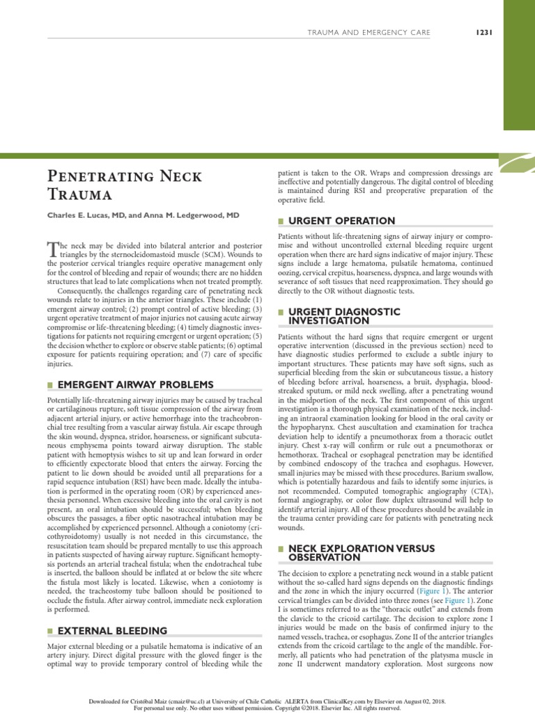 Penetrating Neck Trauma - Cameron | PDF | Common Carotid Artery | Injury