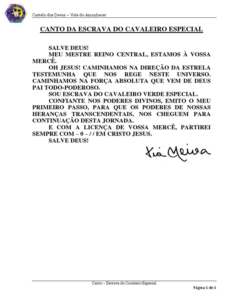 Canto da Escrava do Cavaleiro Especial | PDF | Religião e ...
