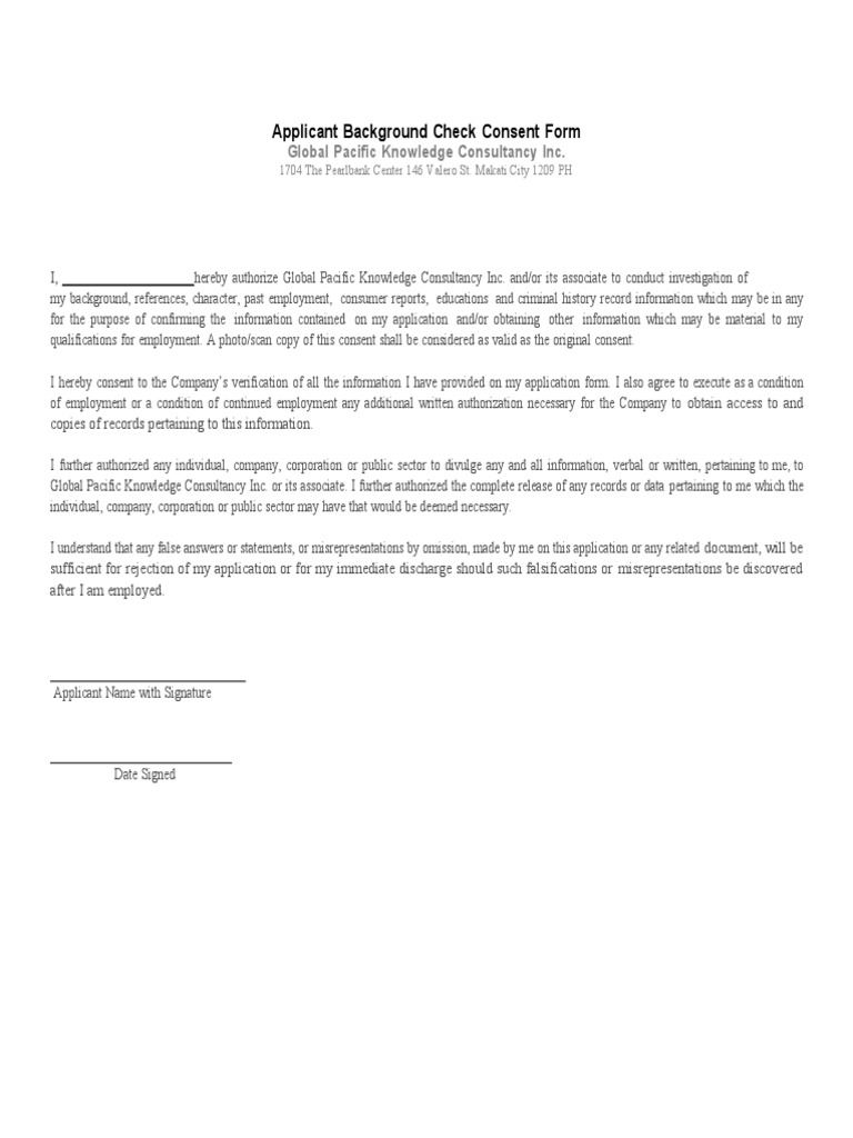 Applicant Background Check Consent Form | PDF