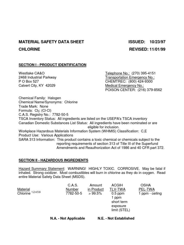 Chlorine Safety Data Sheet | PDF | Chlorine | Dangerous Goods