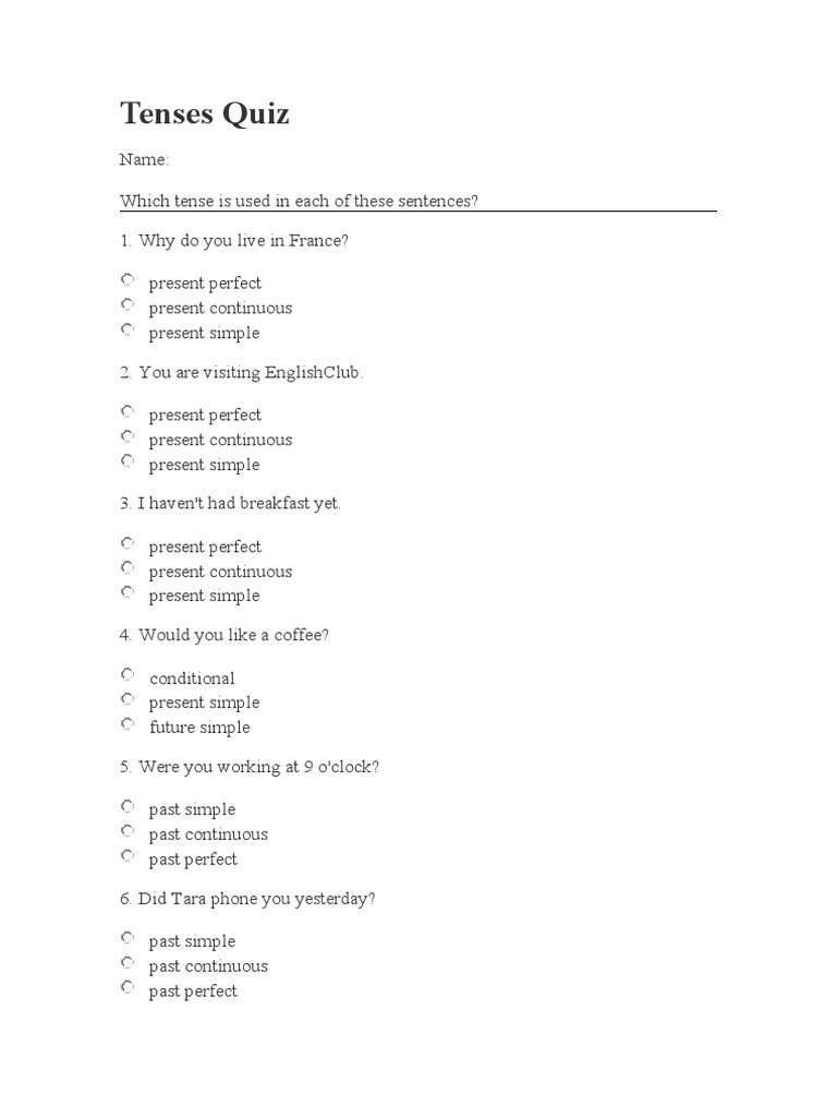 Tenses Quiz Assessment | PDF