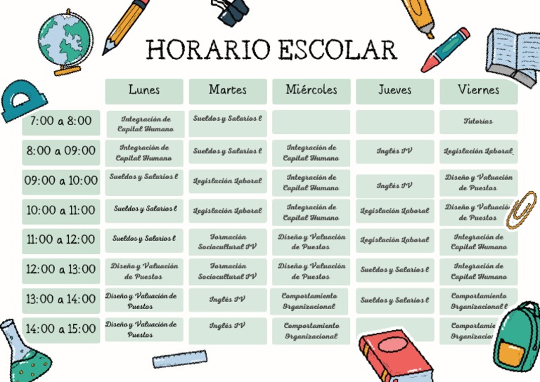 Horario Escolar Documento A4 Horizontal Pegatinas Colegio Juvenil Verde | PDF | Labor